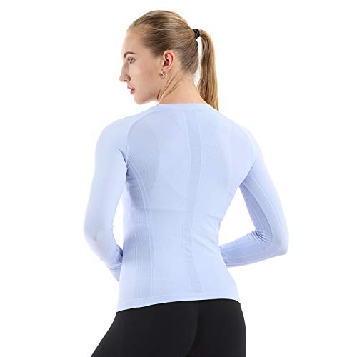 MathCat Seamless Workout Shirts for Women Long Sleeve Yoga Tops Sports Running Shirt Breathable Athletic Top Slim Fit (S, Wathet)