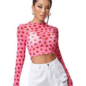 Floerns Women's Mock Neck Long Sleeve See Though Sheer Mesh Tops Tee Shirt Pink Strawberry XL