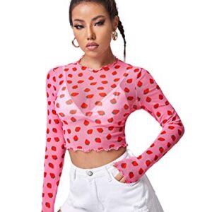 Floerns Women's Mock Neck Long Sleeve See Though Sheer Mesh Tops Tee Shirt Pink Strawberry XL