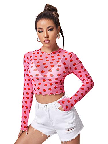 Floerns Women's Mock Neck Long Sleeve See Though Sheer Mesh Tops Tee Shirt Pink Strawberry XL