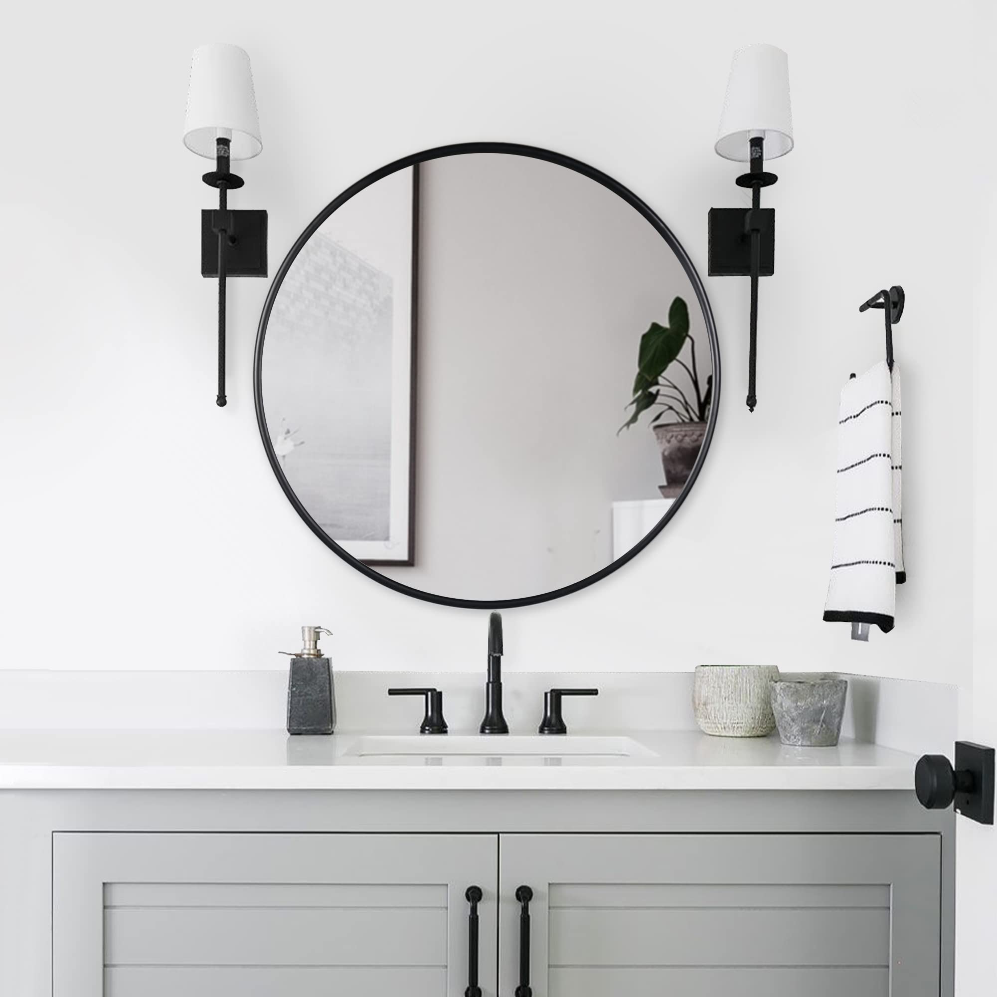 Round Mirror, Black Round Mirror 30 Inch, Round Wall Mirror, Round Bathroom Mirror, Circle Mirrors for Wall, Metal Framed Mirror for Bathroom, Vanity, Bedroom, Entryway, Hallway