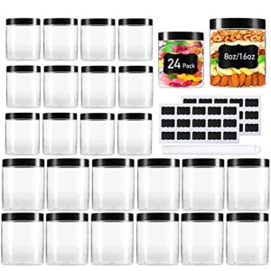 vivimee 24 pack plastic jars with lids 16 oz (12 pack) & 8 oz (12 pack), clear plastic mason jars, leakproof slime containers for peanut, spice, cookie, candy and dry food, empty jars for storage