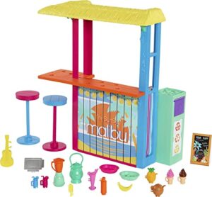 barbie loves the ocean beach shack playset with 18+ accessories, made from recycled plastics, gift for 3 to 7 year olds