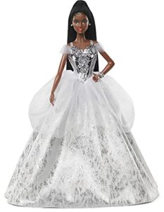 barbie signature 2021 holiday doll (12-inch, brunette braided hair) in silver gown, with doll stand and certificate of authenticity, gift for 6 year olds and up