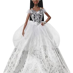 Barbie Signature 2021 Holiday Doll (12-inch, Brunette Braided Hair) in Silver Gown, with Doll Stand and Certificate of Authenticity, Gift for 6 Year Olds and Up