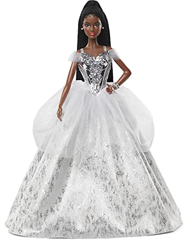 Barbie Signature 2021 Holiday Doll (12-inch, Brunette Braided Hair) in Silver Gown, with Doll Stand and Certificate of Authenticity, Gift for 6 Year Olds and Up