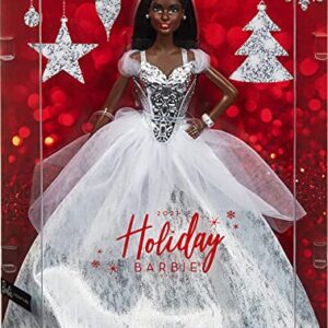 Barbie Signature 2021 Holiday Doll (12-inch, Brunette Braided Hair) in Silver Gown, with Doll Stand and Certificate of Authenticity, Gift for 6 Year Olds and Up