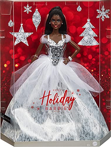 Barbie Signature 2021 Holiday Doll (12-inch, Brunette Braided Hair) in Silver Gown, with Doll Stand and Certificate of Authenticity, Gift for 6 Year Olds and Up