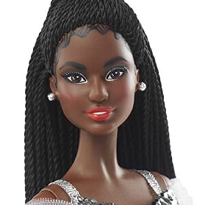 Barbie Signature 2021 Holiday Doll (12-inch, Brunette Braided Hair) in Silver Gown, with Doll Stand and Certificate of Authenticity, Gift for 6 Year Olds and Up