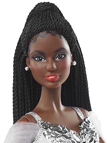 Barbie Signature 2021 Holiday Doll (12-inch, Brunette Braided Hair) in Silver Gown, with Doll Stand and Certificate of Authenticity, Gift for 6 Year Olds and Up