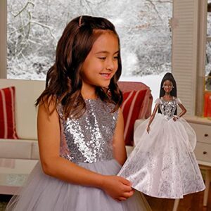 Barbie Signature 2021 Holiday Doll (12-inch, Brunette Braided Hair) in Silver Gown, with Doll Stand and Certificate of Authenticity, Gift for 6 Year Olds and Up