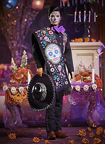 Barbie 2021 Dia De Muertos Ken Doll (12-in) Wearing Embroidered Shirt, Serape & Sombrero, with Calavera Face Paint, Gift for Collectors