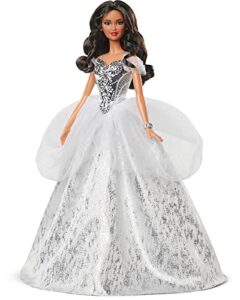 barbie signature 2021 holiday doll (12-inch, brunette hair) in silver gown, with doll stand and certificate of authenticity, gift for 6 year olds and up