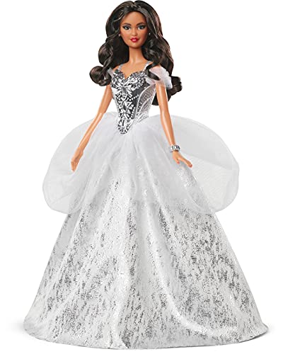 Barbie Signature 2021 Holiday Doll (12-inch, Brunette Hair) in Silver Gown, with Doll Stand and Certificate of Authenticity, Gift for 6 Year Olds and Up