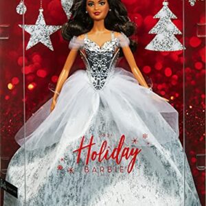 Barbie Signature 2021 Holiday Doll (12-inch, Brunette Hair) in Silver Gown, with Doll Stand and Certificate of Authenticity, Gift for 6 Year Olds and Up