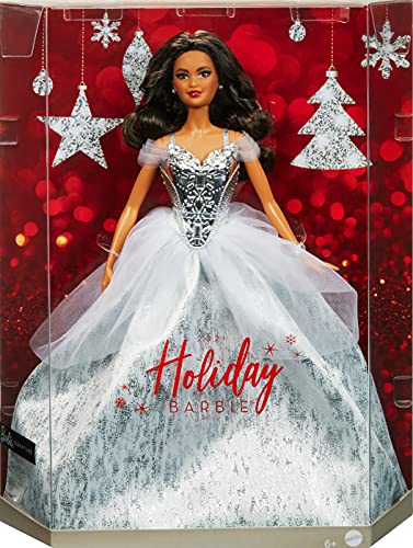 Barbie Signature 2021 Holiday Doll (12-inch, Brunette Hair) in Silver Gown, with Doll Stand and Certificate of Authenticity, Gift for 6 Year Olds and Up