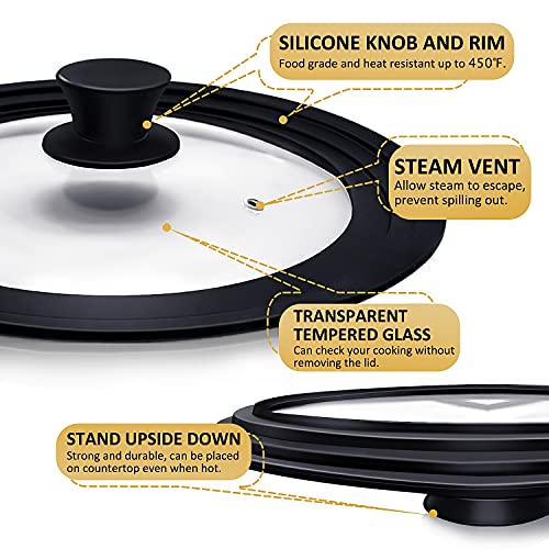 Ydeapi Universal Lid for Pots, Pans and Skillets, Pot Lid With Heat Resistant Silicone Rim and Tempered Glass,Fits 10", 11", 12" Diameter Pots and Pans