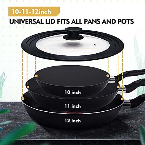 Ydeapi Universal Lid for Pots, Pans and Skillets, Pot Lid With Heat Resistant Silicone Rim and Tempered Glass,Fits 10", 11", 12" Diameter Pots and Pans