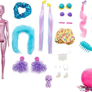 Barbie Color Reveal Glitter! Hair Swaps Doll, Glittery Pink with 25 Hairstyling & Party-Themed Surprises Including 10 Plug-in Hair Pieces, Gift for Kids 3 Years Old & Up