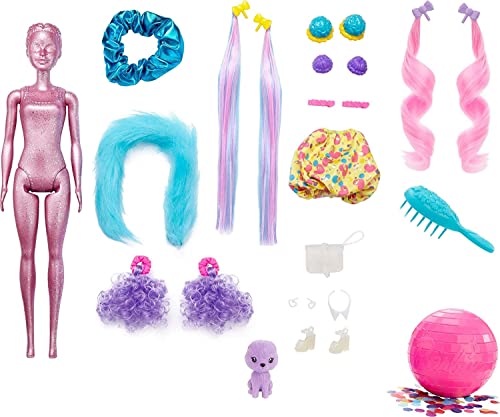 Barbie Color Reveal Glitter! Hair Swaps Doll, Glittery Pink with 25 Hairstyling & Party-Themed Surprises Including 10 Plug-in Hair Pieces, Gift for Kids 3 Years Old & Up