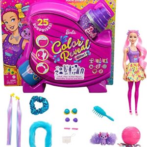 Barbie Color Reveal Glitter! Hair Swaps Doll, Glittery Pink with 25 Hairstyling & Party-Themed Surprises Including 10 Plug-in Hair Pieces, Gift for Kids 3 Years Old & Up