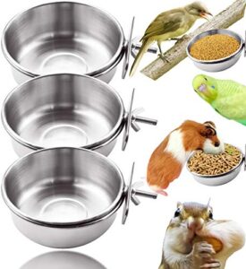 motbach 3 pieces stainless steel bird feeding dish cups, bird feeder parrot food water bowls with clamp, pet cage cups holder for bird parrot cockatiel conure budgies parakeet small animal