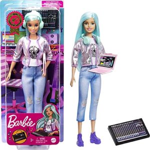 barbie career of the year music producer doll (12-in), colorful blue hair, trendy tee, jacket & jeans plus sound mixing board, computer & headphone accessories, great toy gift