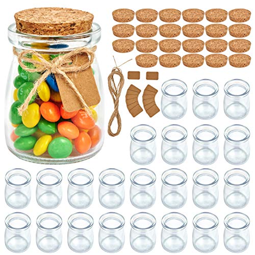 Glass Favor Jar with Cork Lids, Hoa Kinh 24 Pack 3.4Oz Glass Flavor Jars Small Clear Glass Container for Candy, Pudding, Jam, Yogurt, Spices, Honey, Wedding Favors