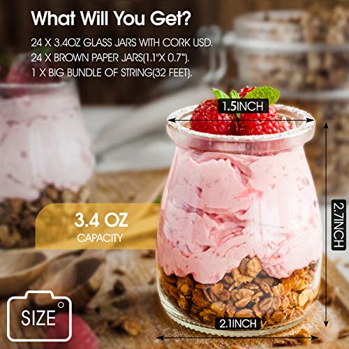 Glass Favor Jar with Cork Lids, Hoa Kinh 24 Pack 3.4Oz Glass Flavor Jars Small Clear Glass Container for Candy, Pudding, Jam, Yogurt, Spices, Honey, Wedding Favors