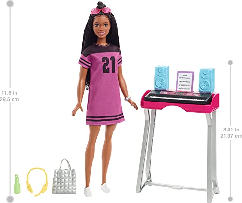 Barbie: Big City, Big Dreams Barbie “Brooklyn” Roberts Doll (11.5-in, Brunette with Braids) & Music Studio Playset with Keyboard & Accessories, Gift for 3 to 7 Year Olds