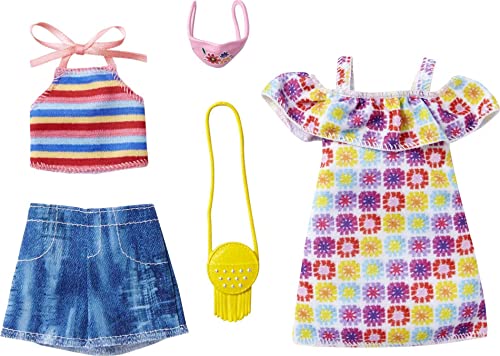 Barbie Fashions 2-Pack Clothing Set, 2 Outfits Doll Includes Summery Off-The-Shoulder Print Dress, Striped Halter Top & Denim Shorts & 2 Accessories, Gift for Kids 3 to 8 Years Old