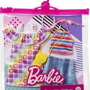 Barbie Fashions 2-Pack Clothing Set, 2 Outfits Doll Includes Summery Off-The-Shoulder Print Dress, Striped Halter Top & Denim Shorts & 2 Accessories, Gift for Kids 3 to 8 Years Old