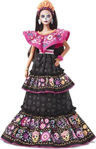 barbie 2021 dia de muertos doll (11.5-in) wearing traditional embroidered dress, flower crown & calavera face paint, gift for collectors