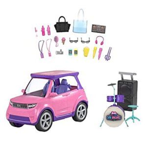 barbie: big city, big dreams transforming vehicle playset, pink 2-seater suv reveals stage, drum set & concert-themed accessories, gift for 3 to 7 year olds