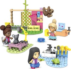 mega barbie animal grooming station building set with, 97 bricks and pieces, accessories and 3 micro-dolls, toy gift set for ages 5 and up