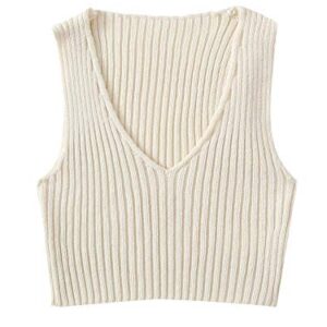 SweatyRocks Women's V-Neck Ribbed-Knit Sleeveless Crop Vest Tank Top Beige S