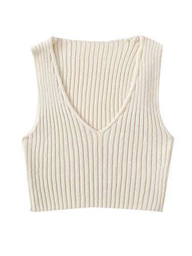 SweatyRocks Women's V-Neck Ribbed-Knit Sleeveless Crop Vest Tank Top Beige S