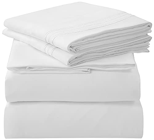 ROYALE LINENS - 4 Piece Full Bed Sheet - Soft Brushed Microfiber 1800 Bedding Set - 1 Fitted Sheet, 1 Flat Sheet, 2 Pillow Case - Wrinkle & Fade Resistant Luxury Full Size Sheet Set (Full, White)