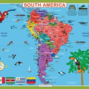 Tot Talk South America Map Kids Placemat Educational Placemat Reusable Washable Double-Sided Learning Made in USA