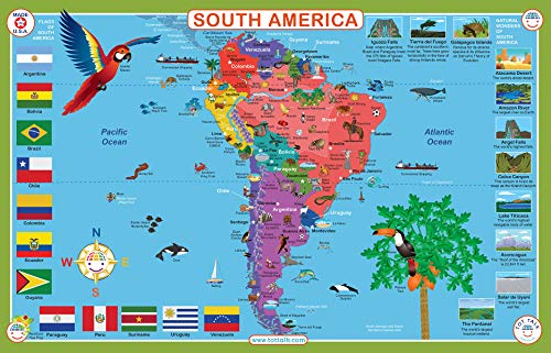 Tot Talk South America Map Kids Placemat Educational Placemat Reusable Washable Double-Sided Learning Made in USA