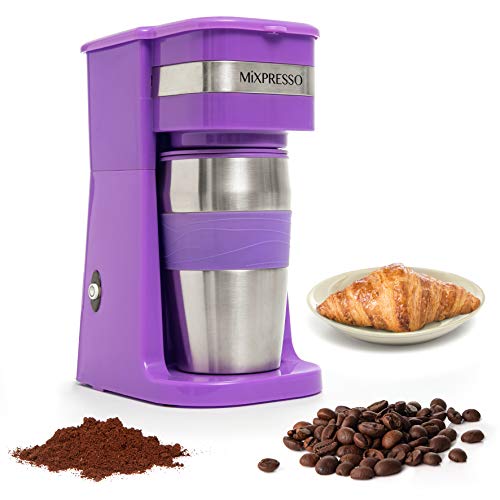 Mixpresso Ultimate 2-In-1 Single Cup Coffee Maker & 14oz Travel Mug, Portable & Lightweight Personal Drip Coffee Brewer & Tumbler Advanced Auto Shut Off Function & Reusable Filter (Lavender)