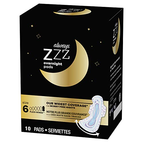 Always ZZZ Overnight Pads for Women Size 6 Unscented with Wings, Always' Widest Coverage for Worry-Free Nights, 10 Count