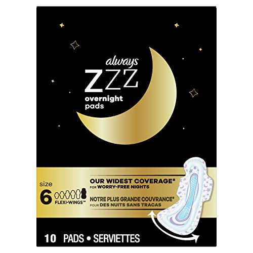 Always ZZZ Overnight Pads for Women Size 6 Unscented with Wings, Always' Widest Coverage for Worry-Free Nights, 10 Count