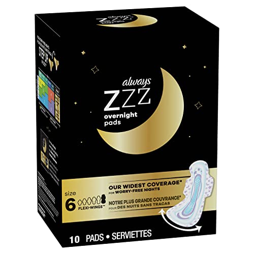 Always ZZZ Overnight Pads for Women Size 6 Unscented with Wings, Always' Widest Coverage for Worry-Free Nights, 10 Count