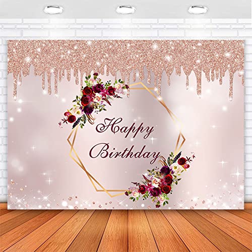 Avezano Burgundy Flower Rose Gold Birthday Backdrop Slime Burgundy Floral Glitter Rose Gold Birthday Background Decorations Women Girls Sweet 16th 30th 40th 50th 60th Bday Photo Booth Banner (7x5)