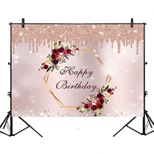 Avezano Burgundy Flower Rose Gold Birthday Backdrop Slime Burgundy Floral Glitter Rose Gold Birthday Background Decorations Women Girls Sweet 16th 30th 40th 50th 60th Bday Photo Booth Banner (7x5)