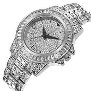 HUNRUY Mens Womens Diamond Watch Gold Plated Unisex Quartz Wristwatch (Silver-Gold) (38mm, Silver)