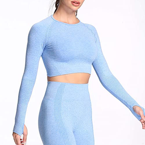 Aoxjox Long Sleeve Crop Tops for Women Vital 1.0 Workout Seamless Crop T Shirt Top (Vital Sky Blue Marl, Medium)