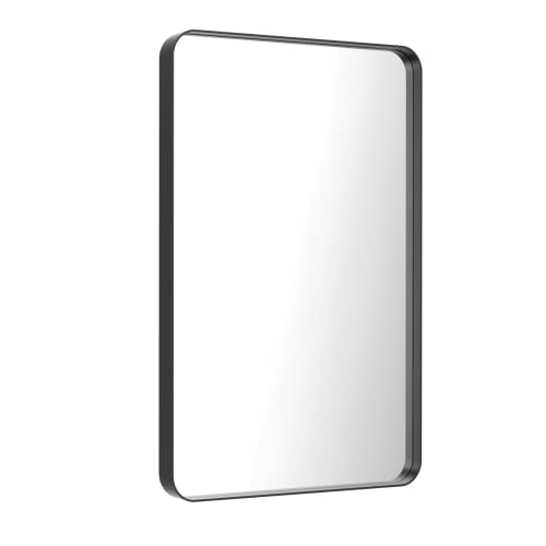 LOAAO Black Metal Framed Bathroom Mirror for Wall, 24X36 Inch Rounded Rectangle Mirror, Matte Black Bathroom Vanity Mirror Farmhouse, Anti-Rust, Tempered Glass, Hangs Horizontally or Vertically