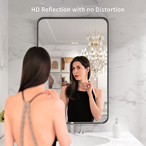 LOAAO Black Metal Framed Bathroom Mirror for Wall, 24X36 Inch Rounded Rectangle Mirror, Matte Black Bathroom Vanity Mirror Farmhouse, Anti-Rust, Tempered Glass, Hangs Horizontally or Vertically